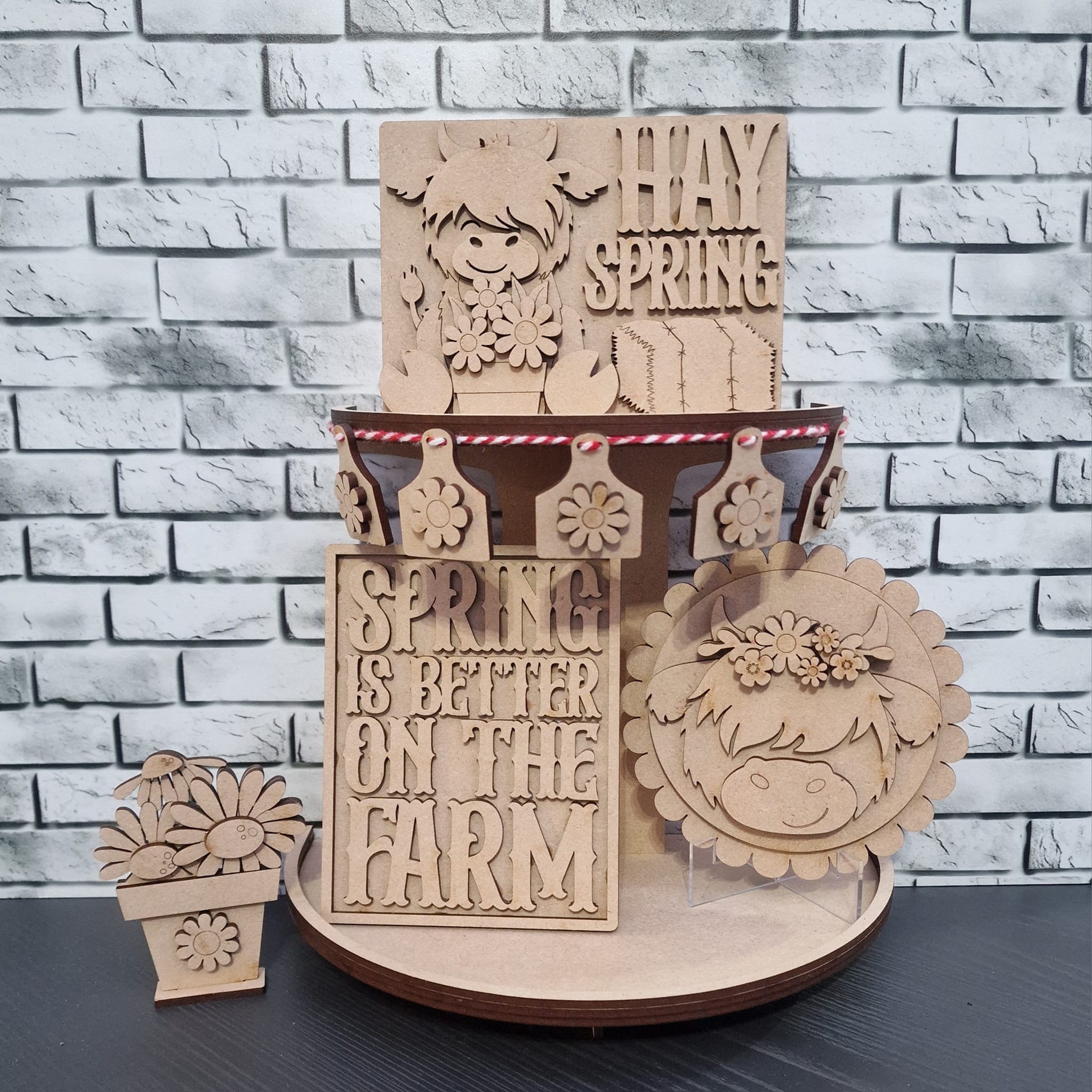 Tiered tray set - spring highland cow - daisies - Manchester Craft Blanks
