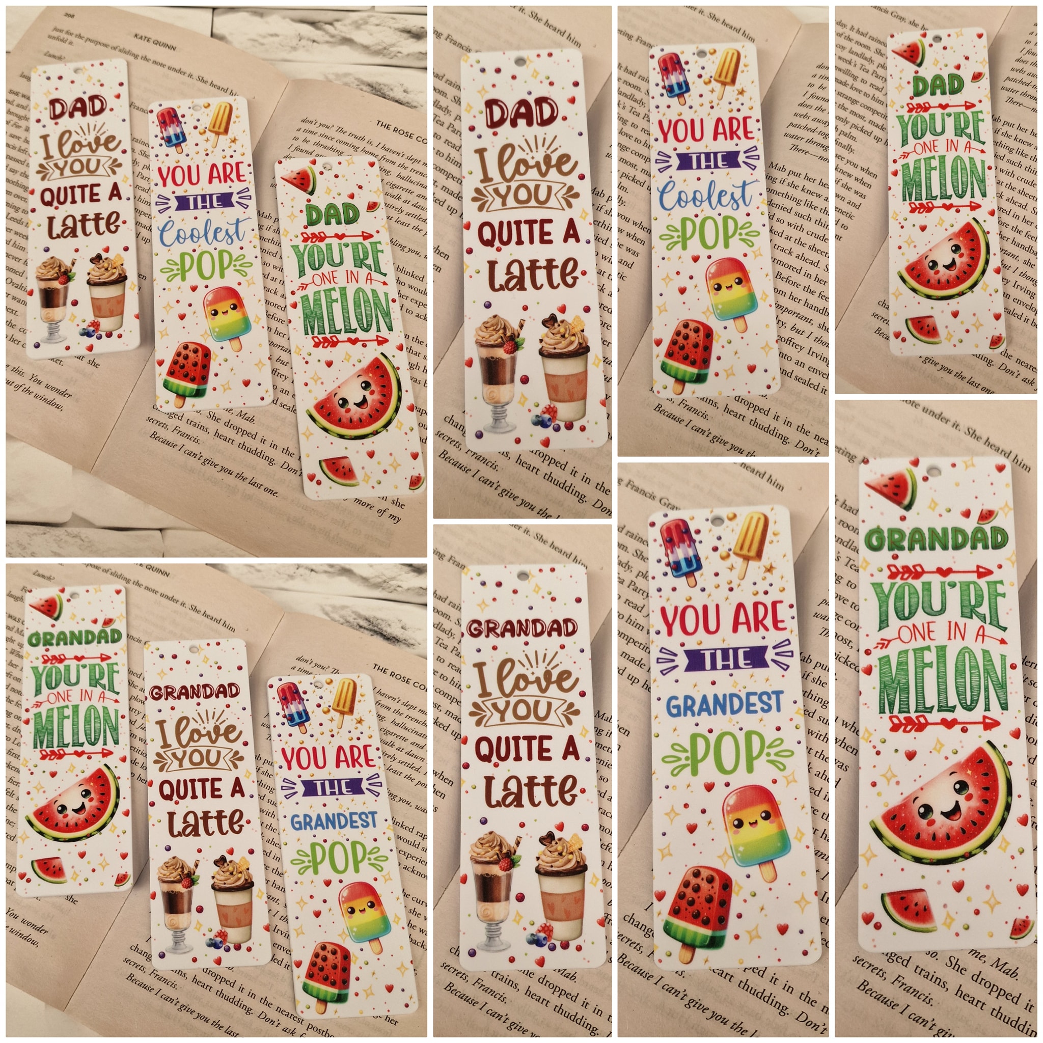 Fathers Day bookmarks – fruit and drink theme, 3 designs printed